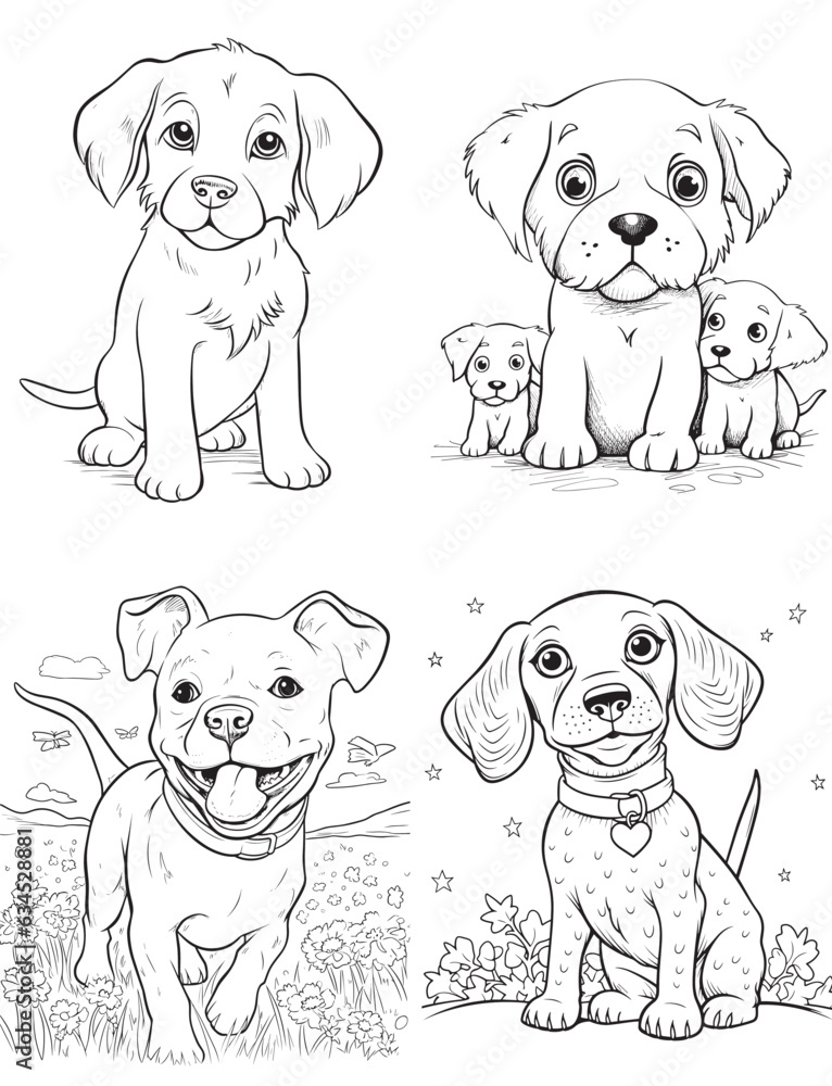 Dog Character Vector, Coloring Book Page with dogs, Coloring page ...