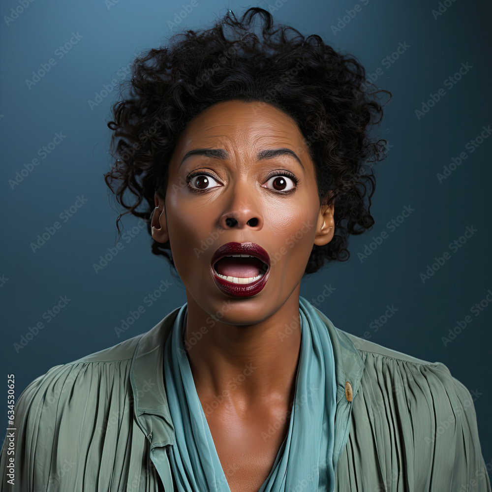 A shockingly scared woman in her 40s recoils in terror against a ...