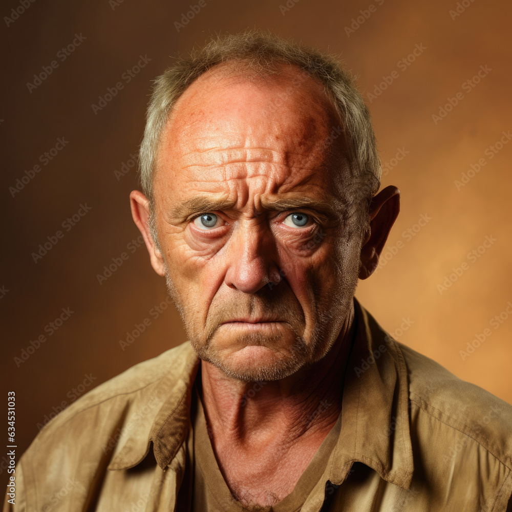 A concerned man in his 50s frowns worriedly at the camera against a tan ...