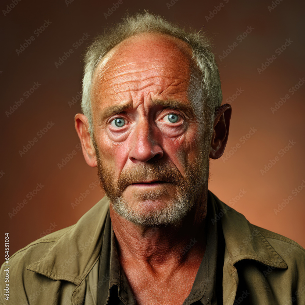 A concerned man in his 50s frowns worriedly at the camera against a tan ...