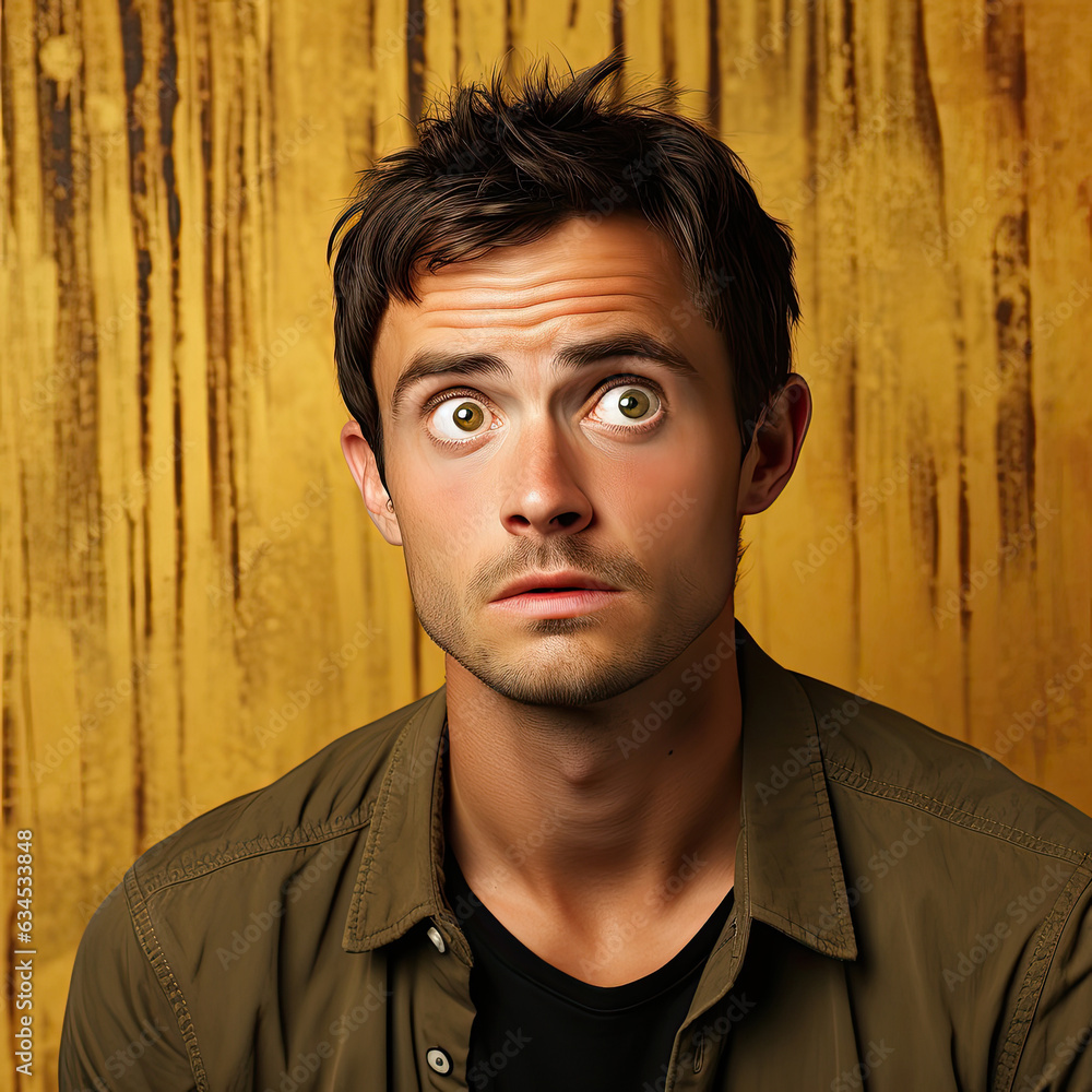 A man in his 20s expresses doubt and disbelief with a questioning look ...