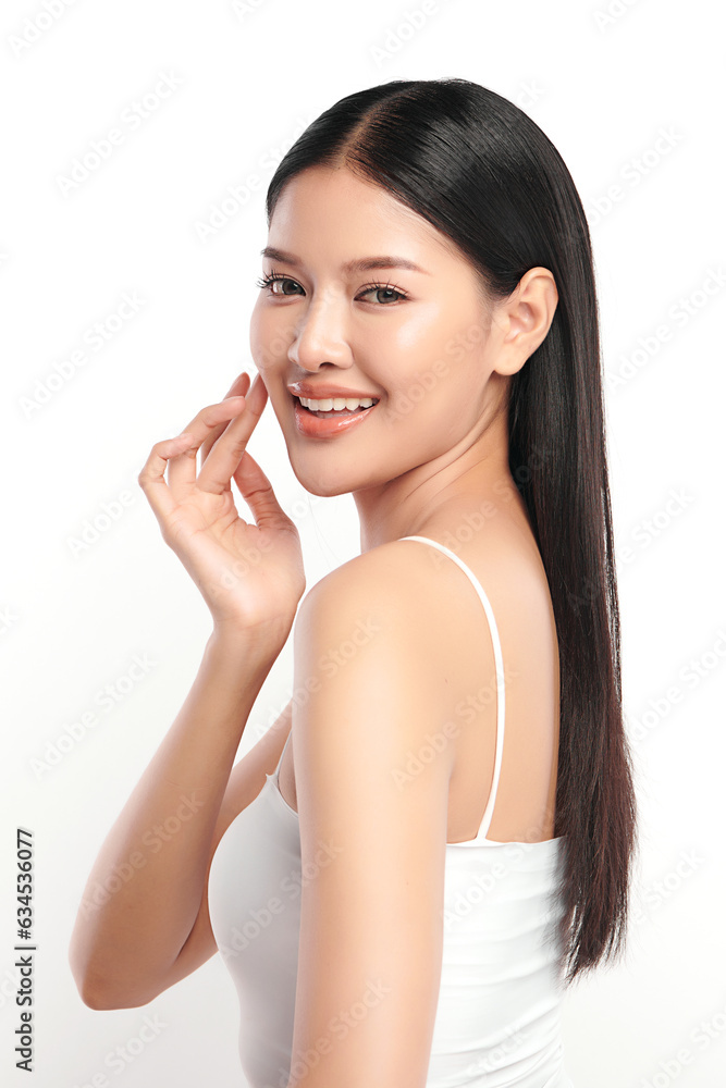 Beautiful young asian woman with clean fresh skin on white background ...