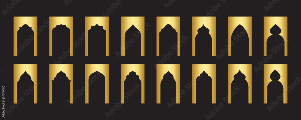 Set of golden Arabic windows and arch. Islamic door and Arabic window ...