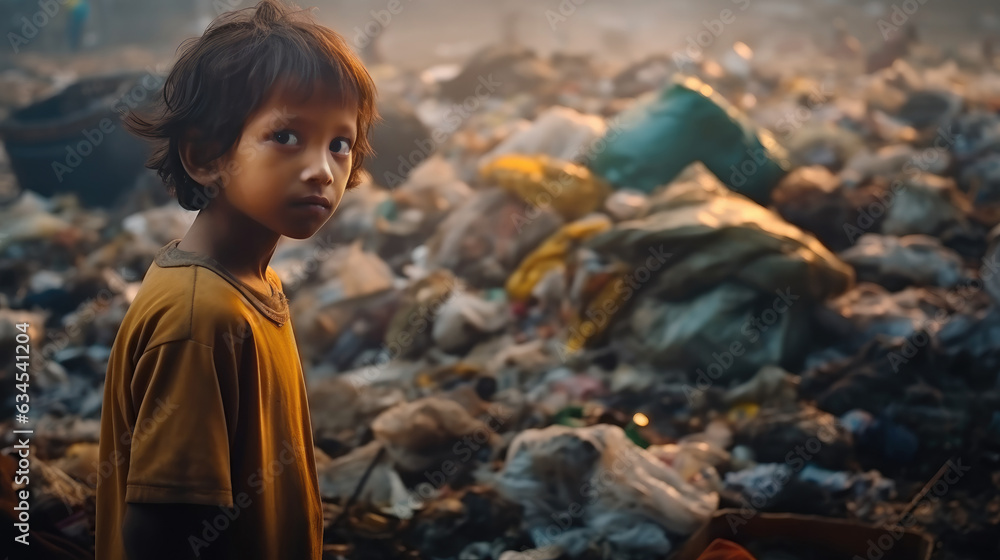 Poor homeless children in garbage dump at city, The environment is ...