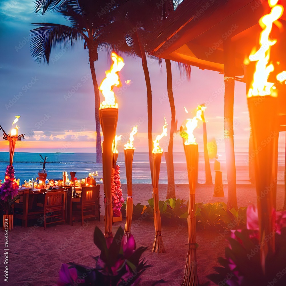 Hawaii luau beach party at sunset. Hawaiian tiki torches lighted up ...