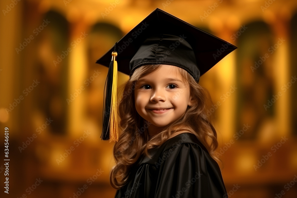 Foto de Portrait of cute child girl in academic gown and cap in ...