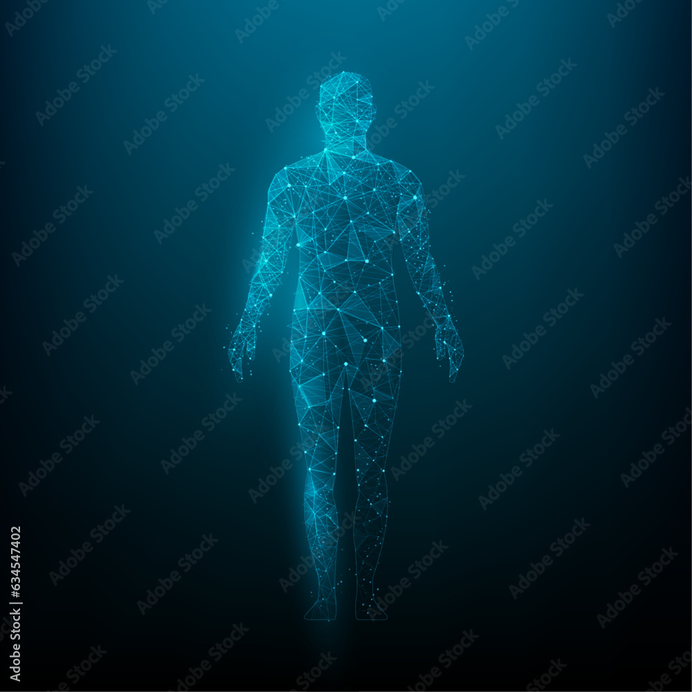 Human body low wireframe polygonal isolated on dark blue background ...