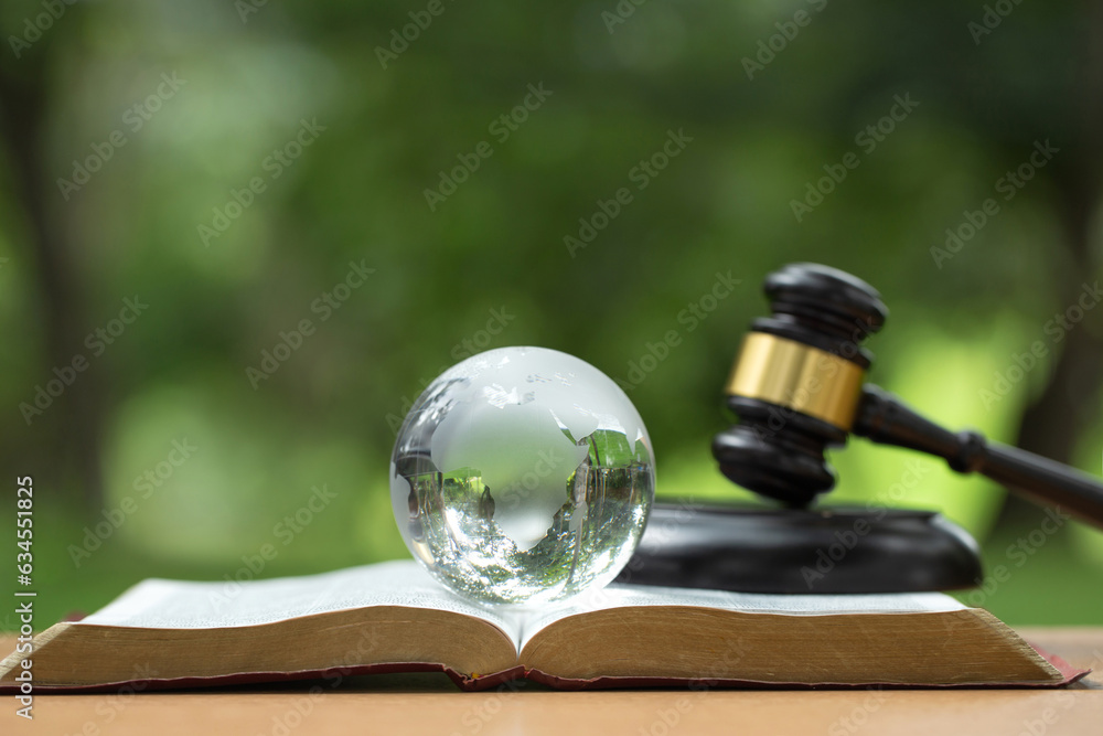 Environment Law. Globe Glass placed and gavel on a law book. law for principles of sustainable ...