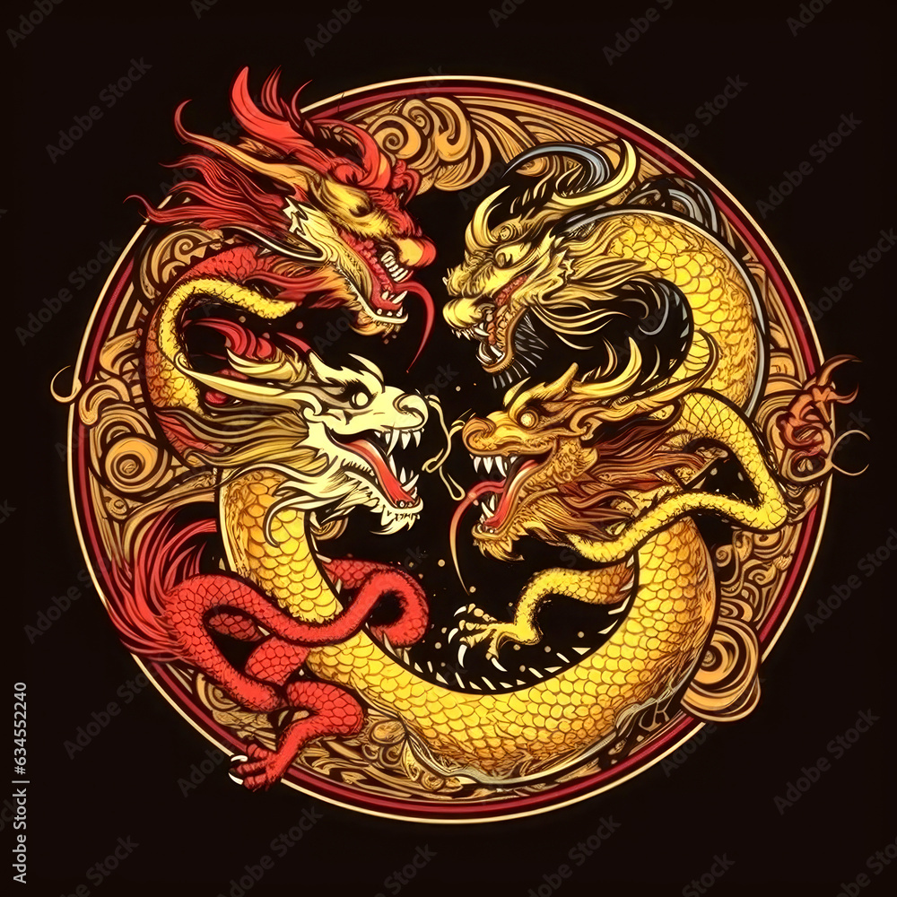 Red, golden Yin and Yang from dragons. Symbol, Buddhism, Taoism ...