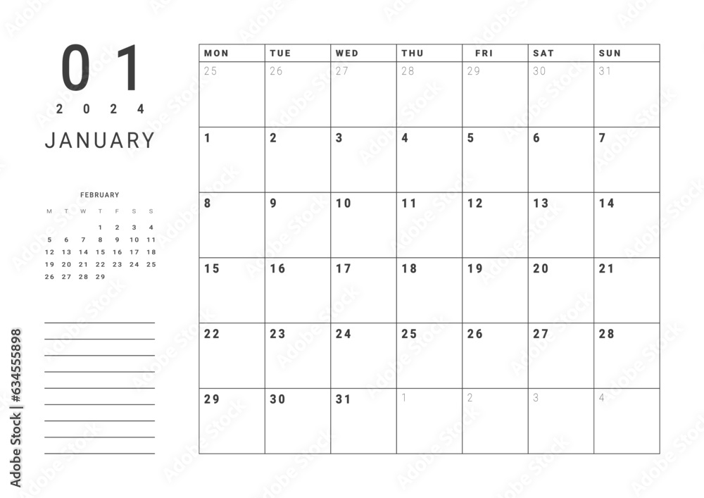 Monthly page Calendar Planner Templates of January 2024 with note ...