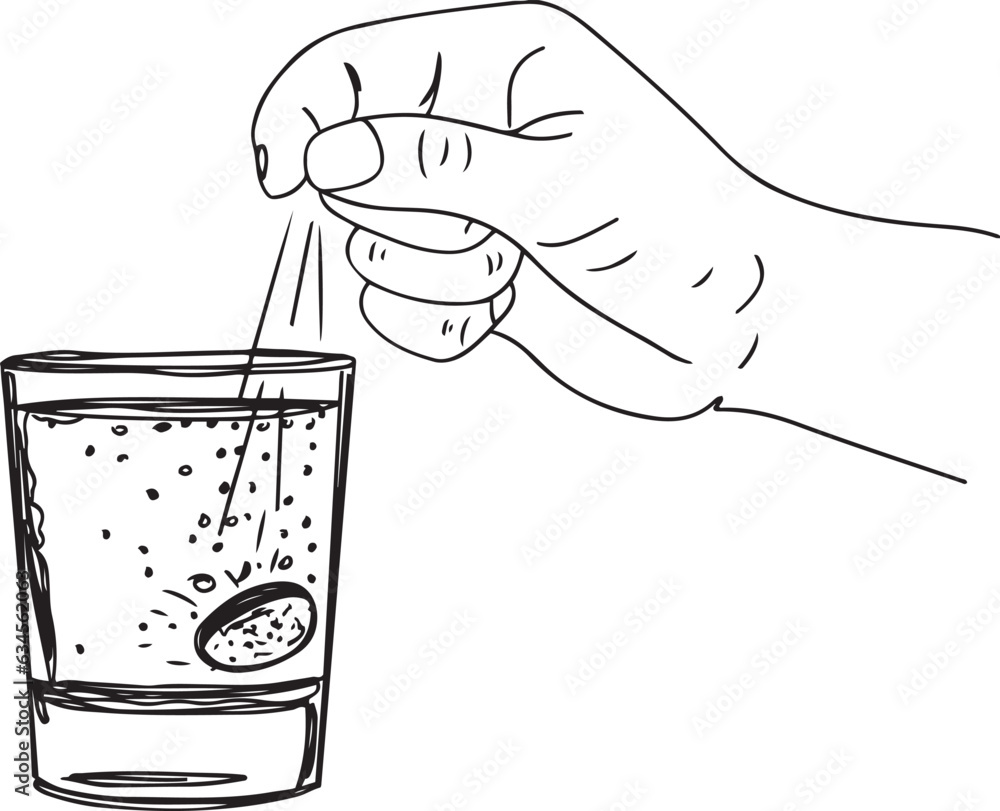 Continuous Line Cartoon Hand Dropping Vitamin C Tablet into Water, Hand ...
