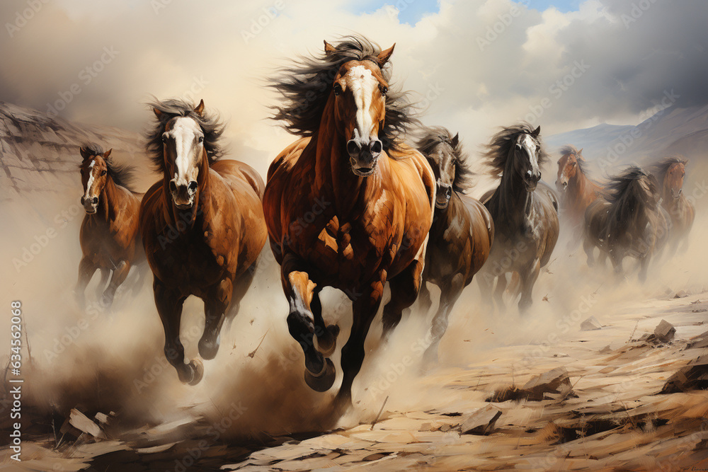 A photograph of a herd of wild horses running across a vast desert ...