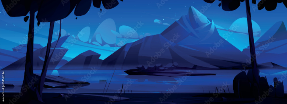 Night mountain landscape seen across sea bay. Vector cartoon ...