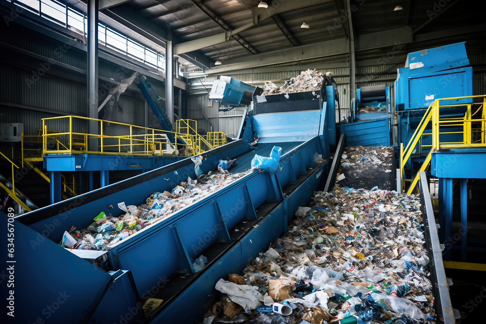 Waste sorting plant. Many different conveyors and bins. conveyors ...
