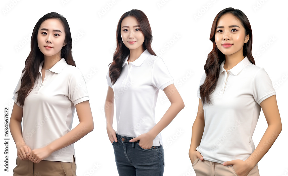 asian Woman wearing white polo shirt. blank polo shirt for design mock ...