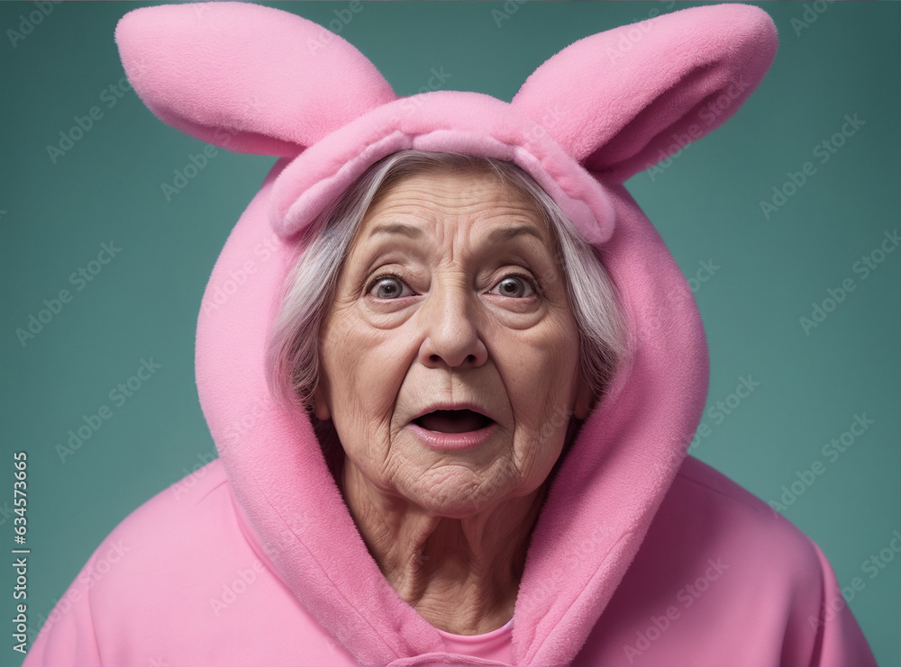 Realistic image An older woman in a pink bunny costume with a startled ...