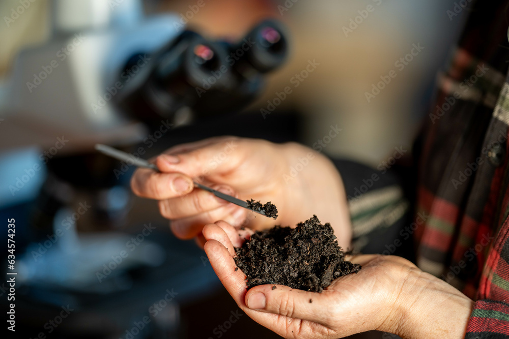 Female soil scientist holding a soil in a hand in a soil laboratory in ...