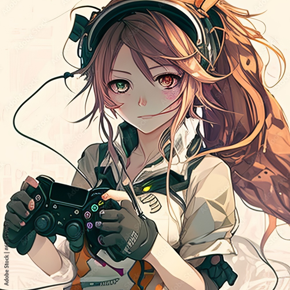 Cute Teenage Anime Girl Playing Computer Games After School Japanese ...