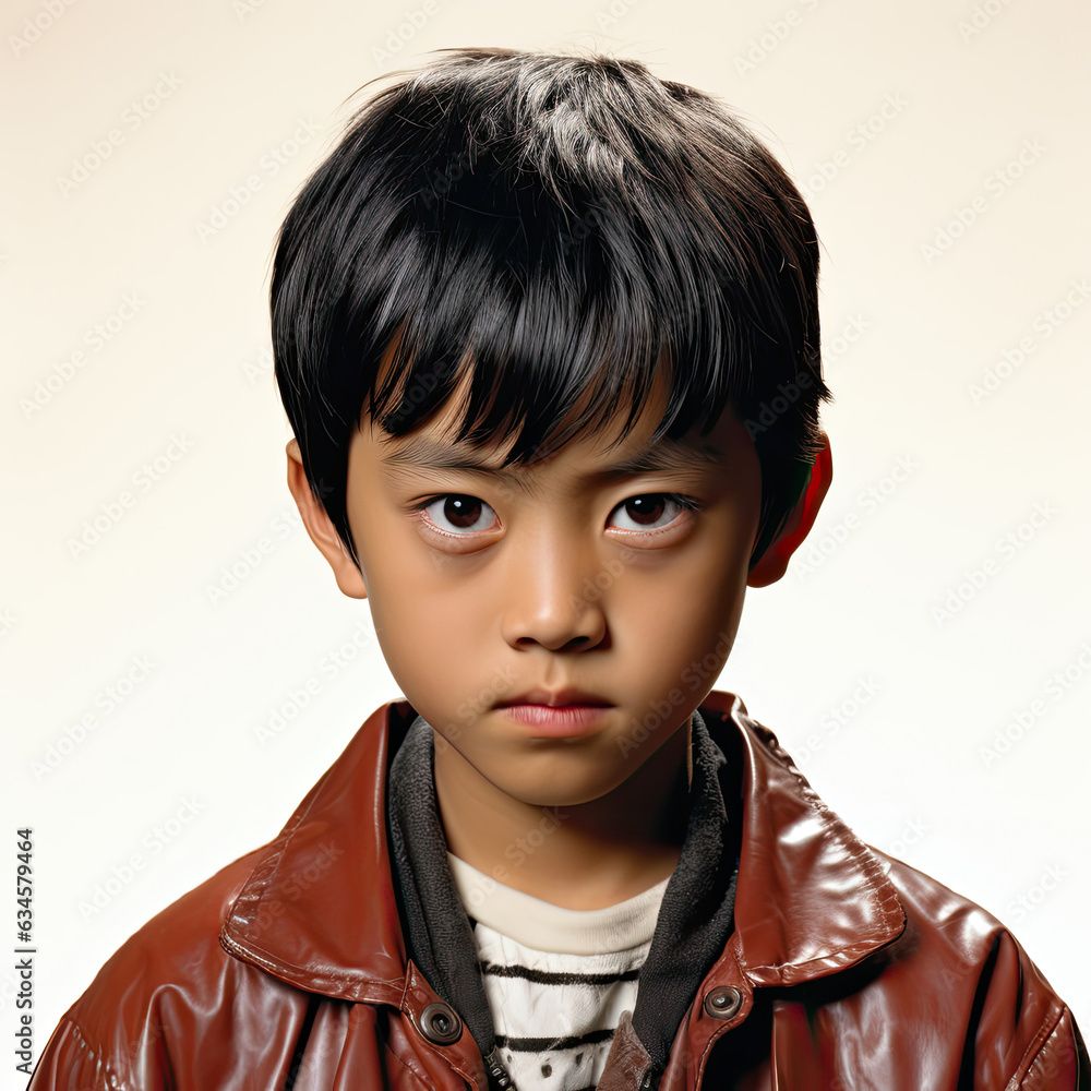 Professional studio head shot of a sulking 7-year-old Chinese boy with ...
