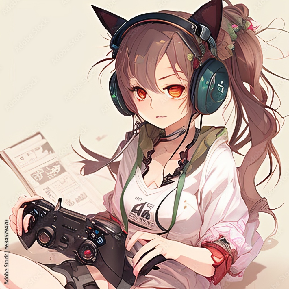 Cute Teenage Anime Girl Playing Computer Games After School Japanese ...