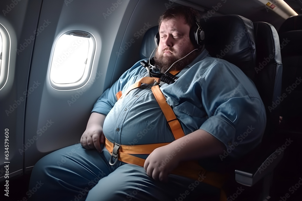 Problem of Fat obese Man passenger fastening Seat belt on airplane ...