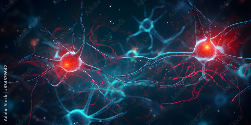 Nerve cell blue color banner, system neuron of brain with synapses ...