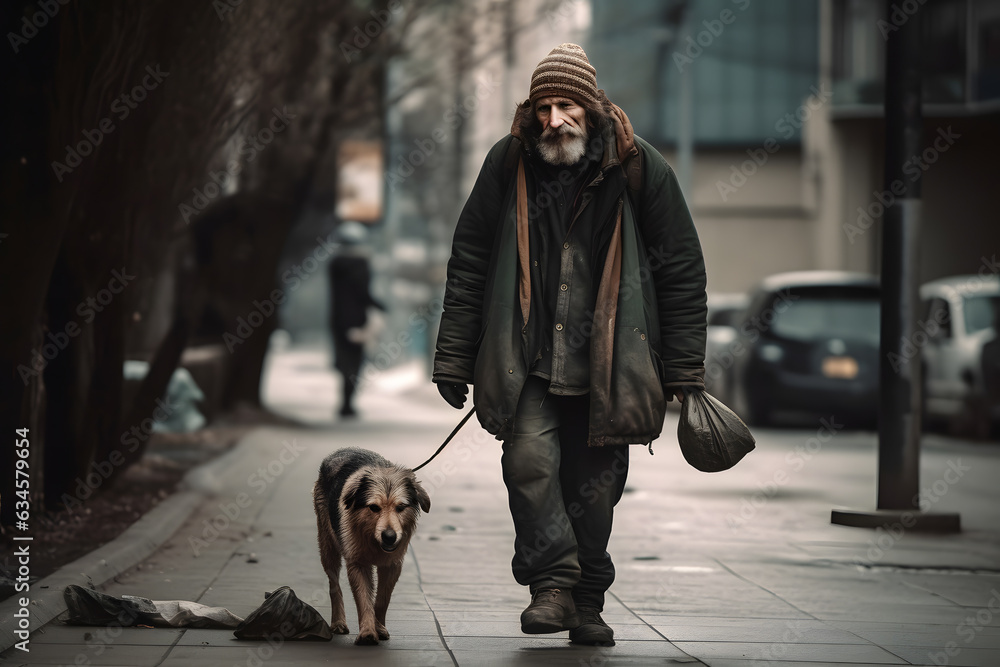 Homeless man walking down street with his friend dog. Concept ...