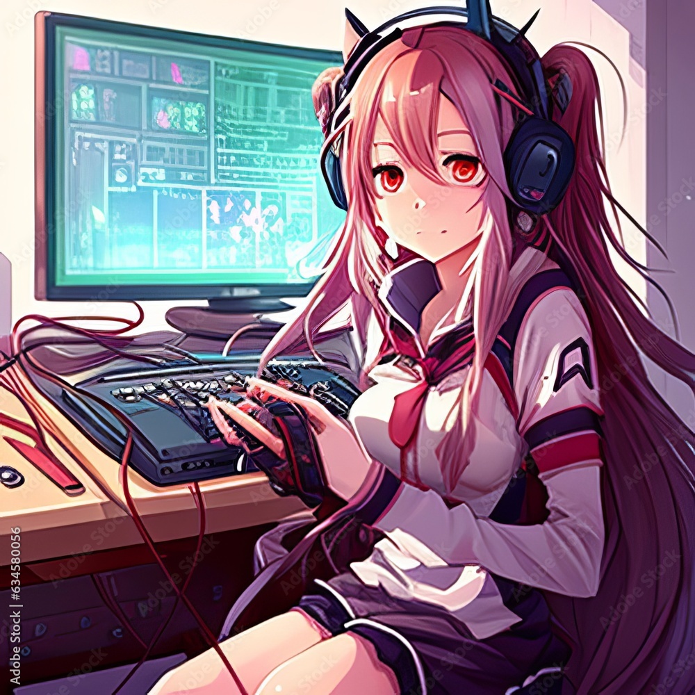 Cute Teenage Anime Girl Playing Computer Games After School Japanese ...