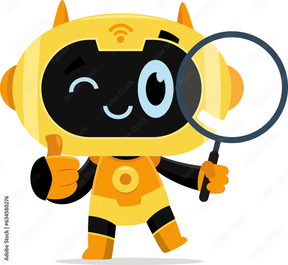 AI Robot Chat Bot Cartoon Character Looking Through A Magnifying Glass ...