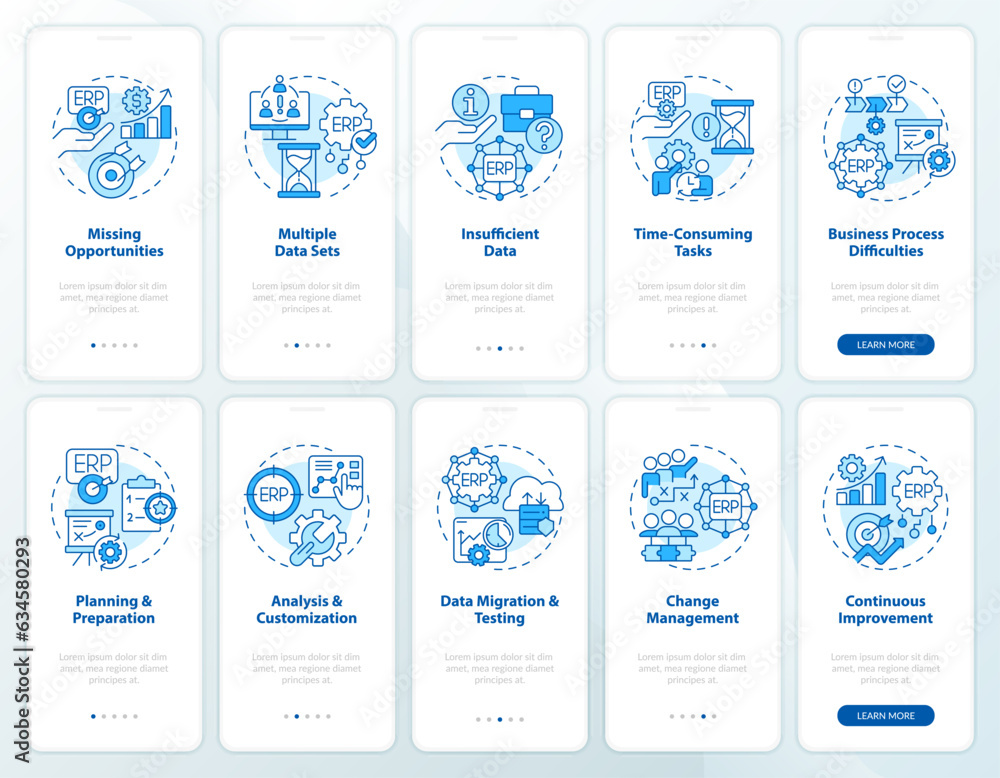 2D icons representing enterprise resource planning mobile app screen ...
