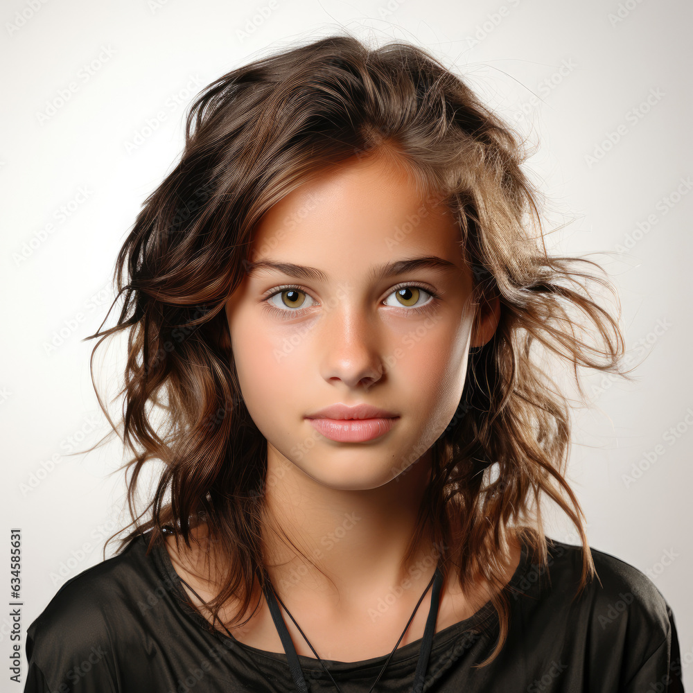 Professional studio head shot of a carefree 12-year-old Turkish girl ...