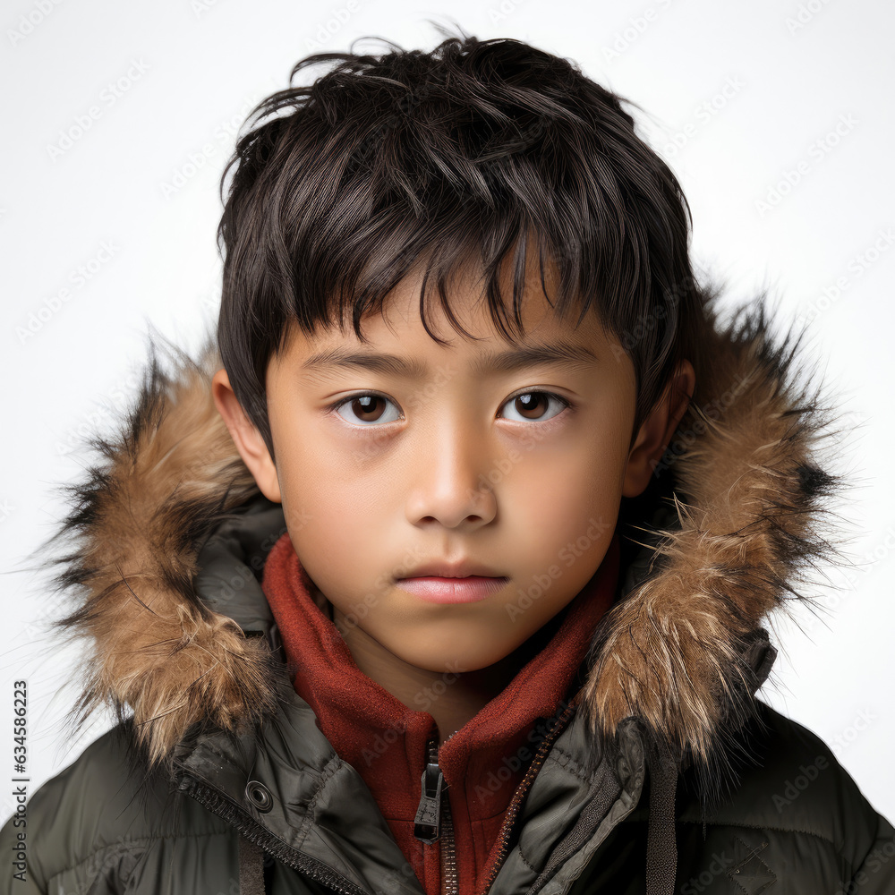 Professional studio head shot of a 9-year-old Mongolian boy with a ...