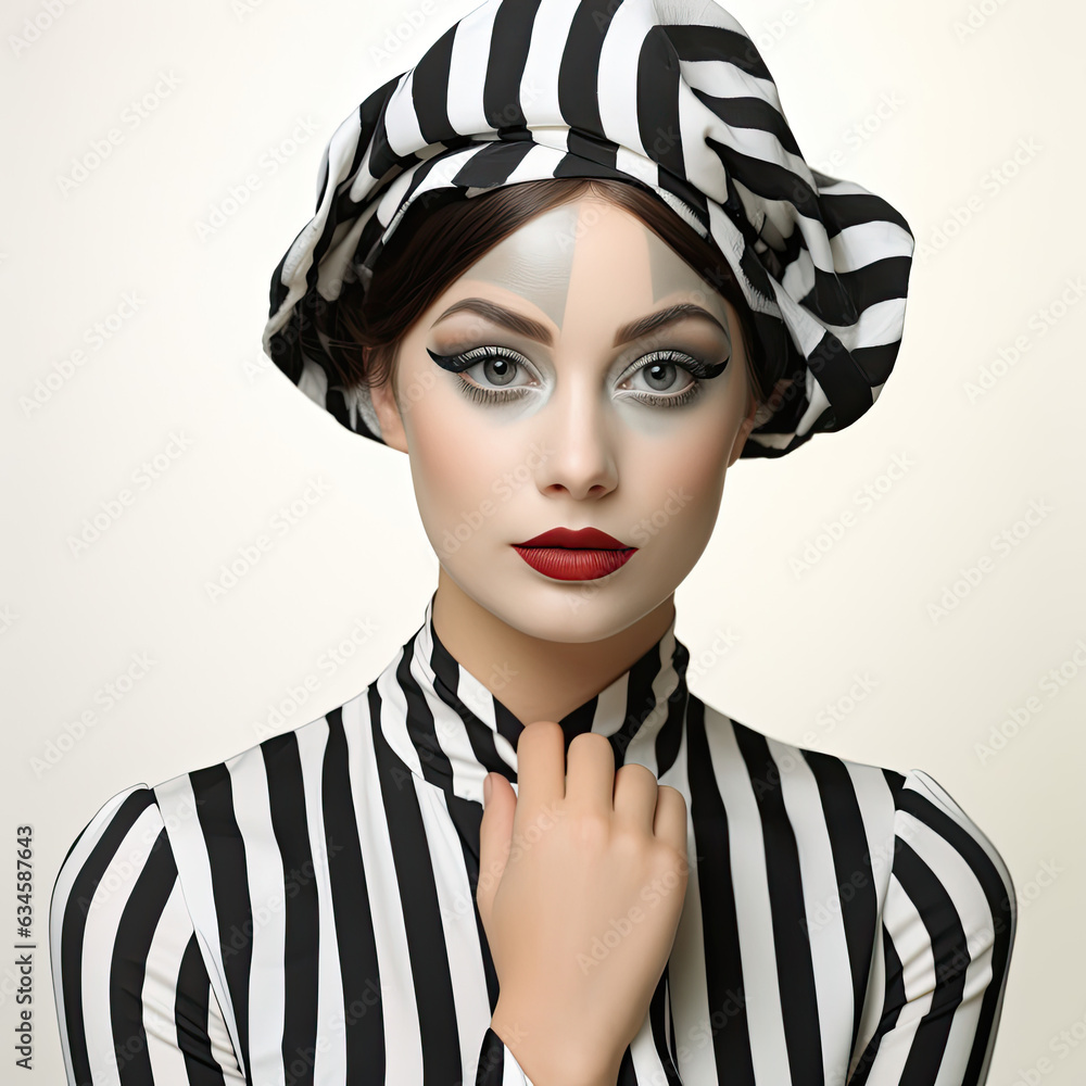 Studio shot of a French girl dressed as a mime with face paint isolated ...