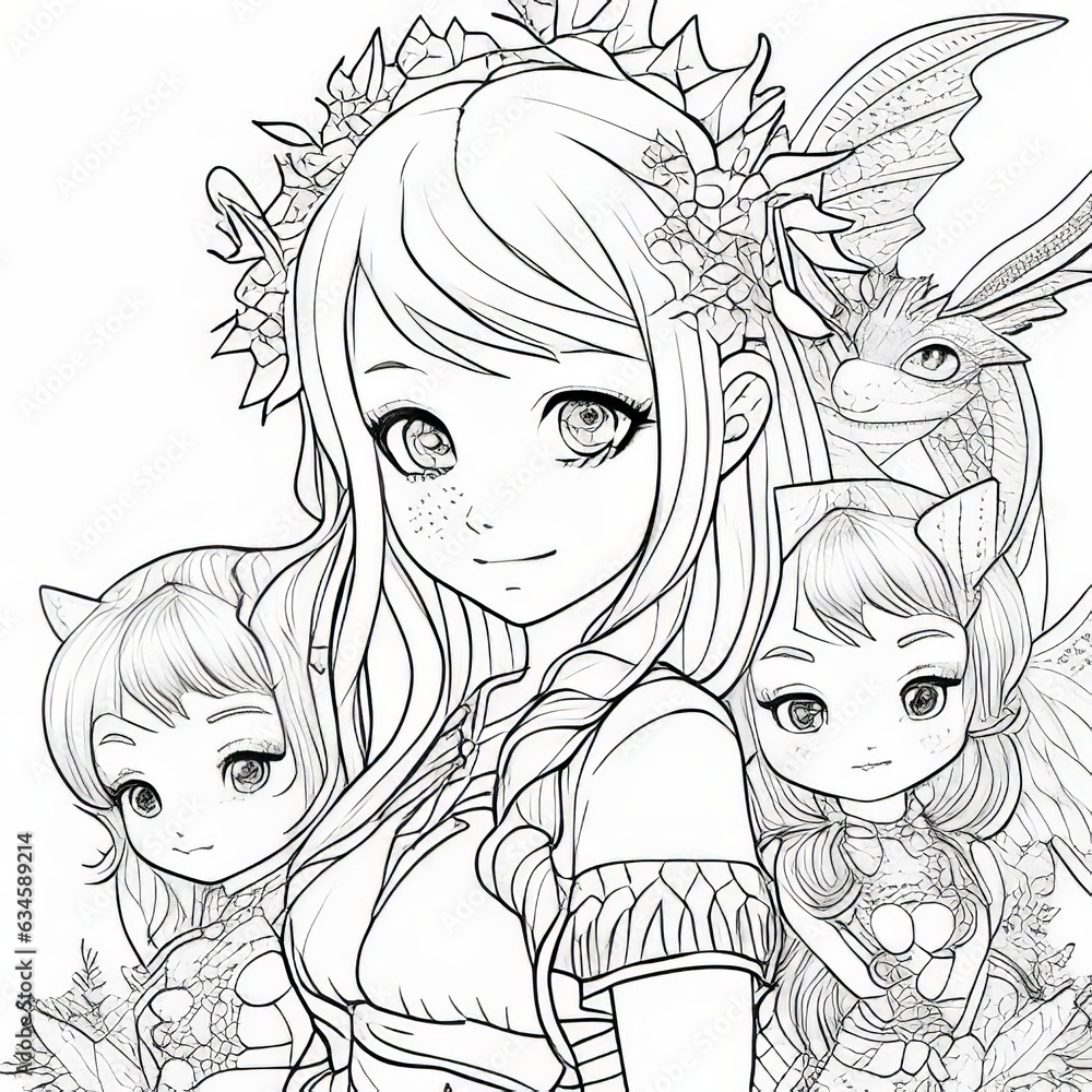 Enchanted Anime maga Art: Coloring Page of a Girl and Her Dragon for ...