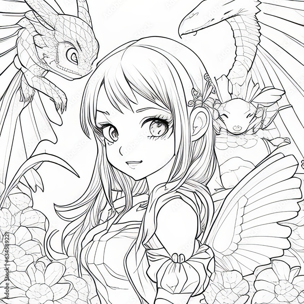 Enchanted Anime maga Art: Coloring Page of a Girl and Her Dragon for ...