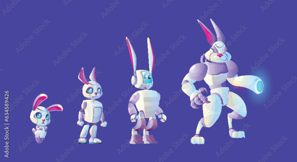 Cartoon set of rabbit robot evolution levels. Vector illustration of ...