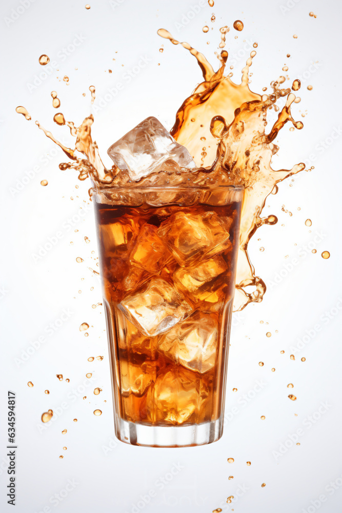 Ice Coffee Drink and Ice Tea tall glass splash up in Air. Cold brew ice ...