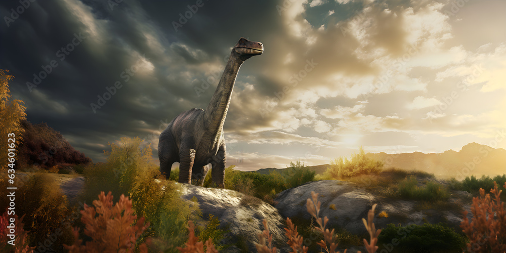 Brontosaurus from the Jurassic period with landscape in the background ...