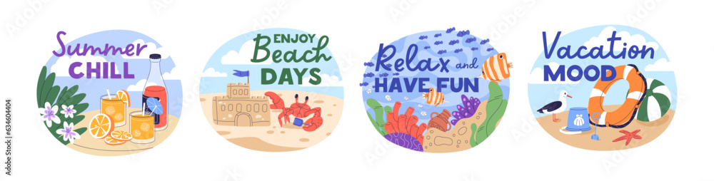 Summer holiday vibe, beach vacation mood, stickers with phrases set ...