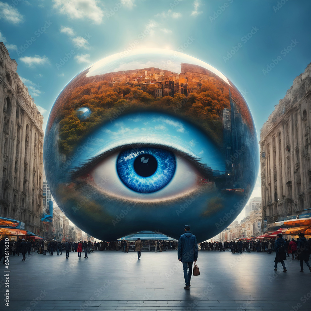 giant eye watching people in the city square, a dystopian surrealist ...