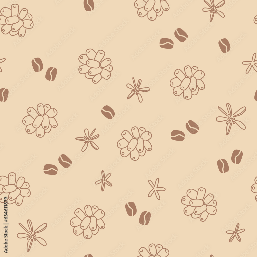 Retro coffee beans and flowers pattern. Hand drawn line art drawings of ...