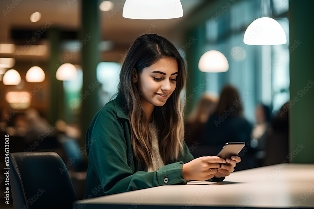 an Indian 20s girl student using mobile phone looking at smartphone ...