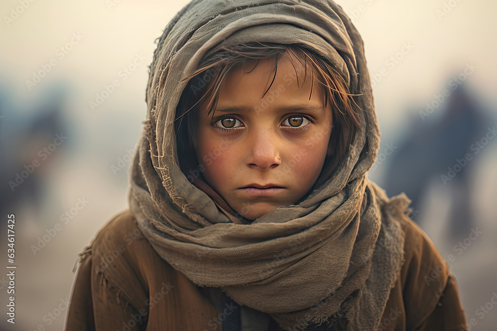 A poor staring hungry orphan boy in a refugee camp with a sad ...