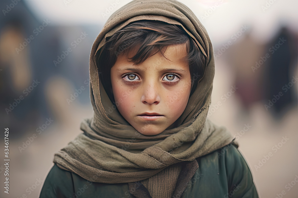 A poor staring hungry orphan boy in a refugee camp with a sad ...