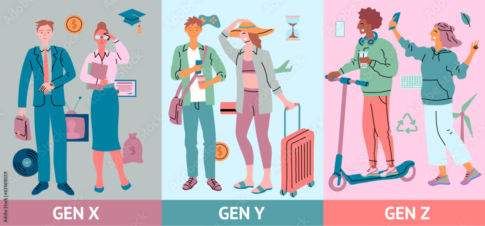 Cartoon Color Characters People Generations Generation X Y Or