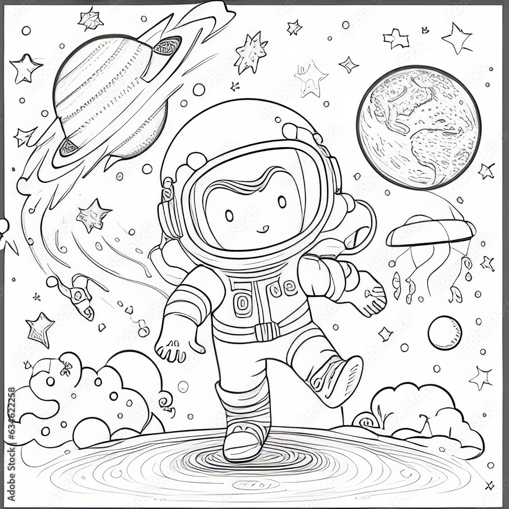 Space-themed Children's Coloring Page Featuring Astronauts and Cosmic ...