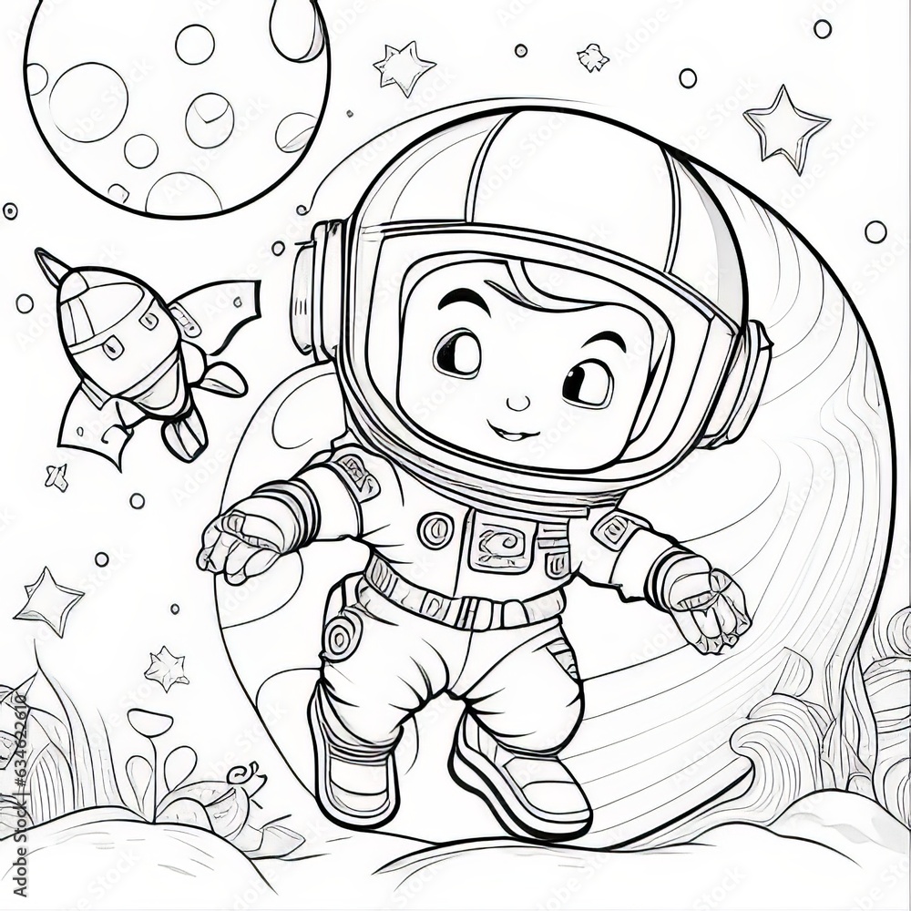Space-Themed Coloring Page for Kids: Astronauts and Cosmic Adventures ...