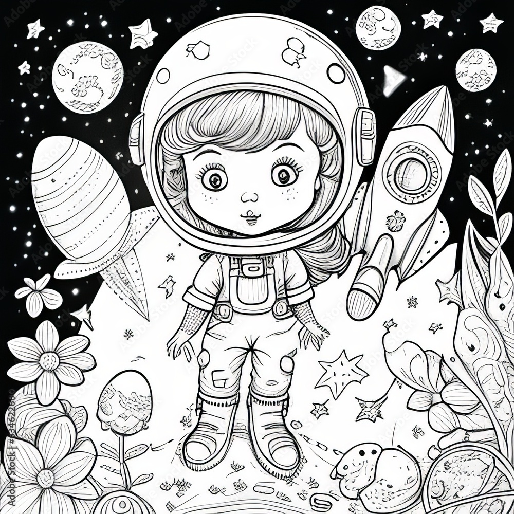 Space-Themed Coloring Page for Kids: Astronauts and Cosmic Adventures ...