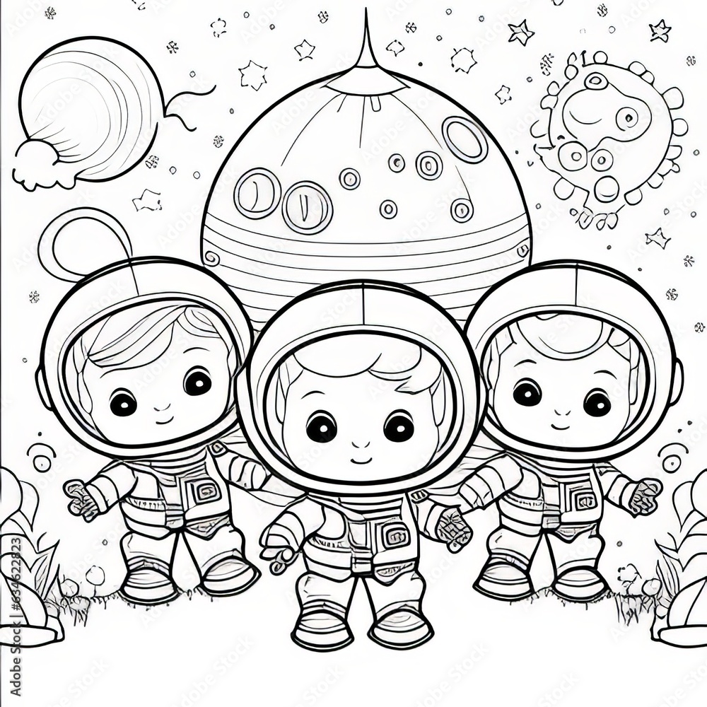 Space-Themed Coloring Page for Kids: Astronauts and Cosmic Adventures ...