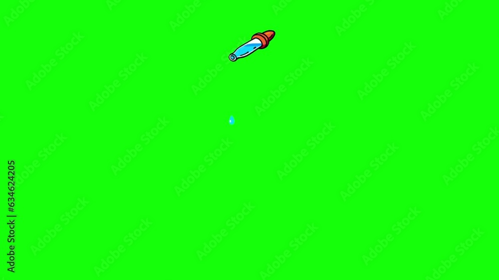 Cartoon animation of a pipette with a drop of liquid green screen ...